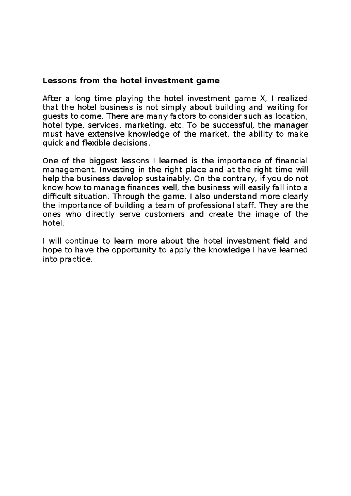 Company tour - Hdhhe - Lessons from the hotel investment game After a ...