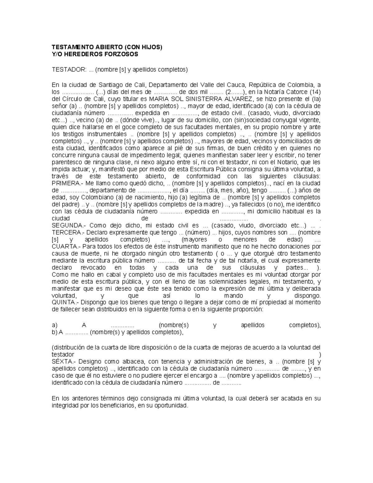 Testamento - TESTAMENTO ABIERTO (CON HIJOS) Y/O HEREDEROS FORZOSOS ...