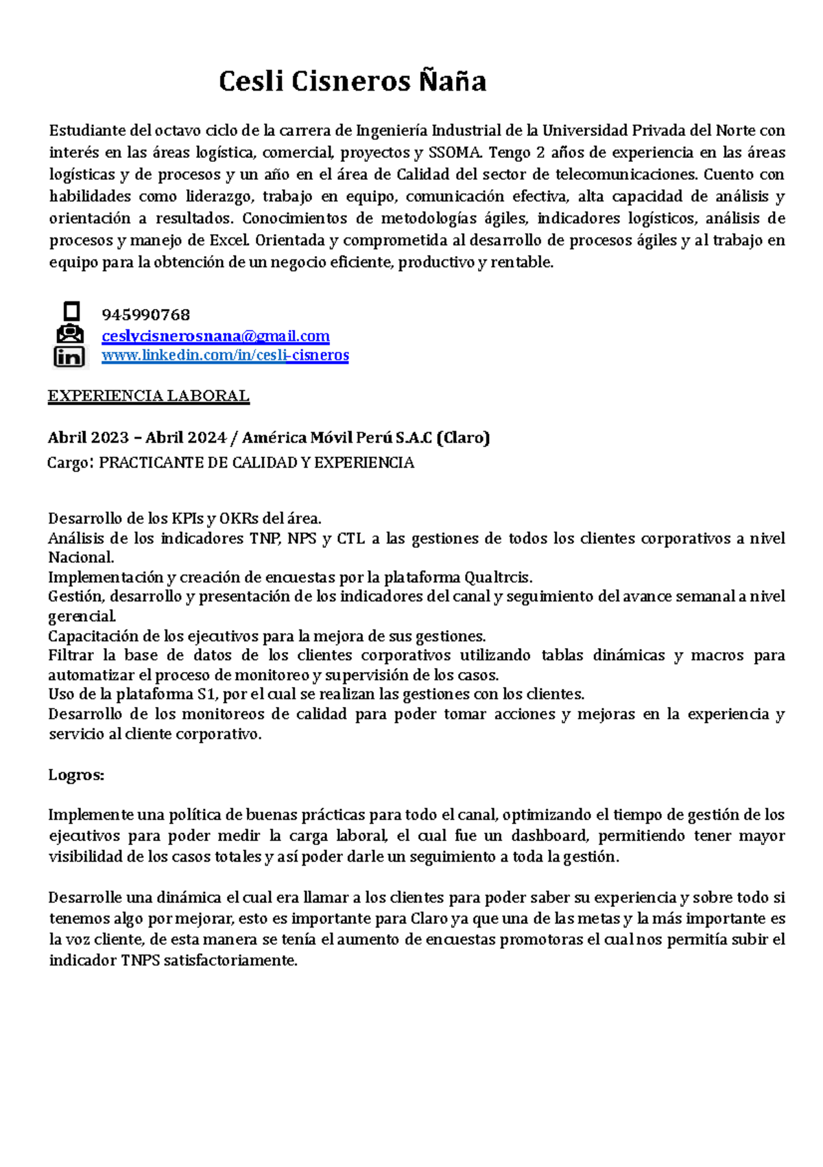 Cesli-CV-2024(2) - realizar cv - Cesli Cisneros Ñaña Estudiante del ...
