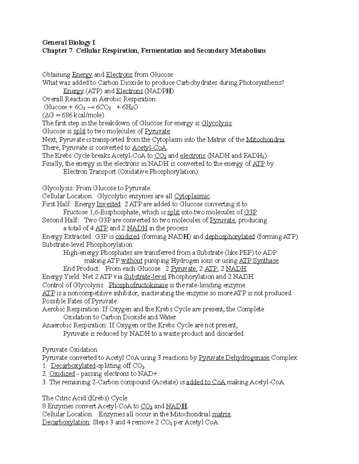 Chapter 7 Answers - General Biology I Chapter 7 Cellular Respiration ...