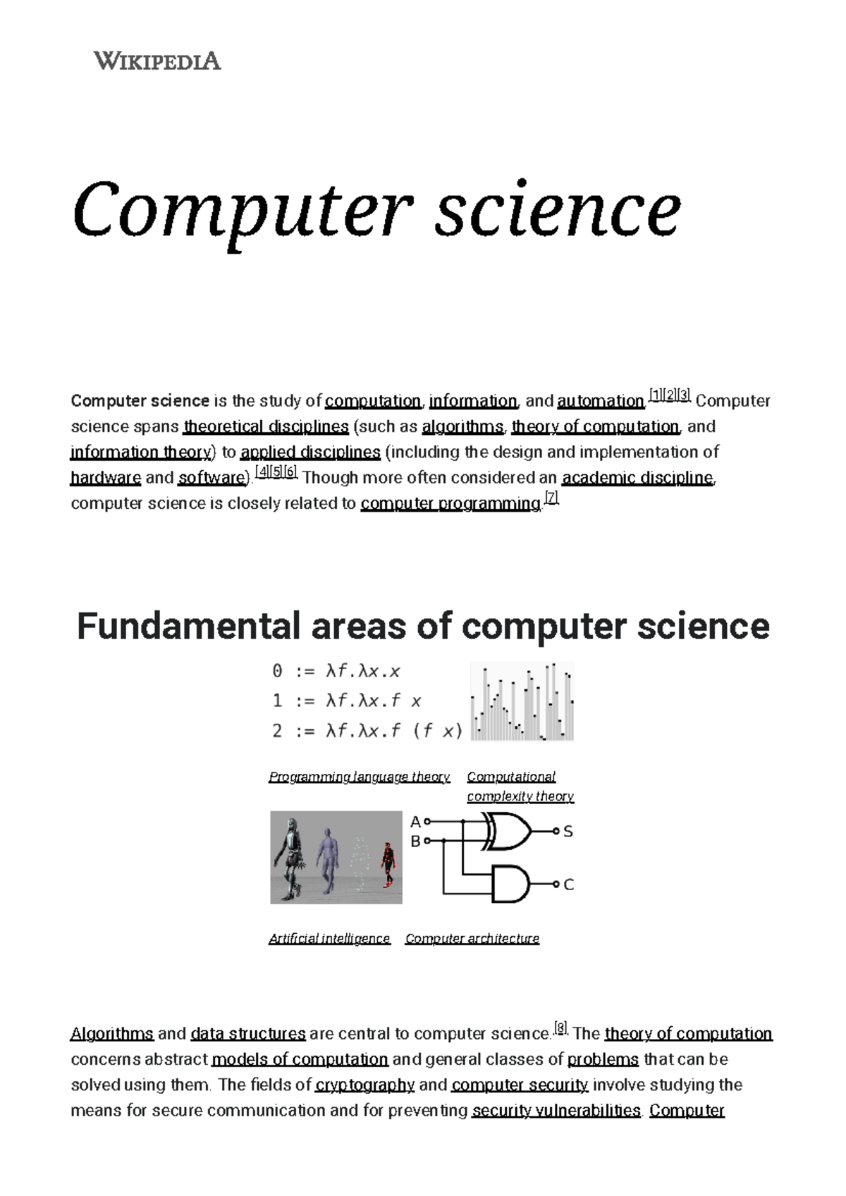 Computer science - Wikipedia - Computer science Computer science is the ...