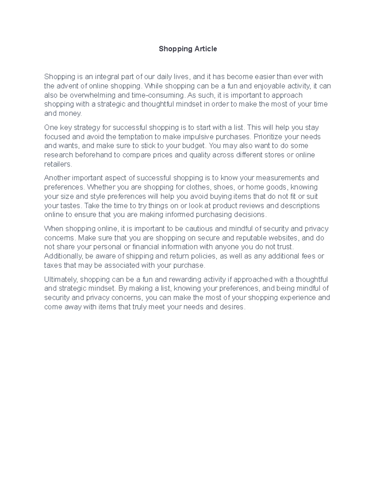 Shopping Article - Shopping Article Shopping is an integral part of our ...