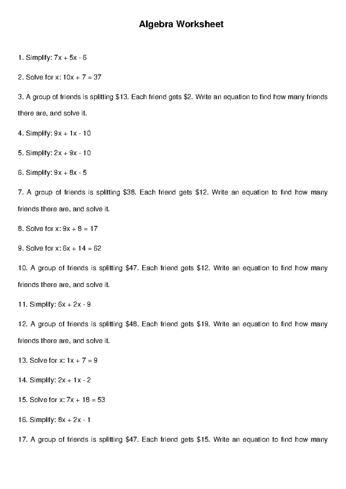 Algebra Worksheet 1 - Dr Jones practice sheet - Algebra Worksheet ...