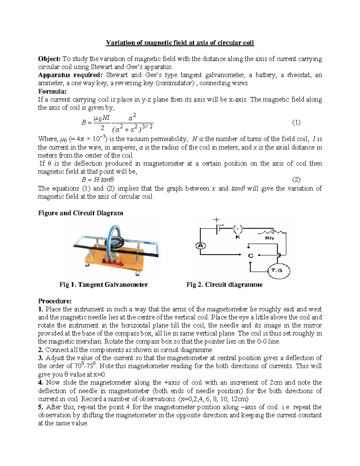 Stewart and gees - Variation of magnetic field at axis of circular coil ...