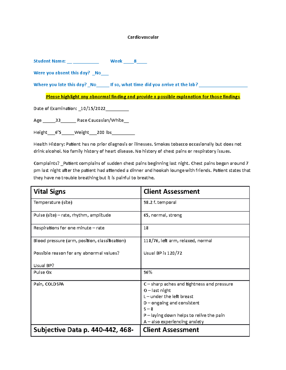 N2314 Cardiovascular Write-Up - Cardiovascular Student Name ...