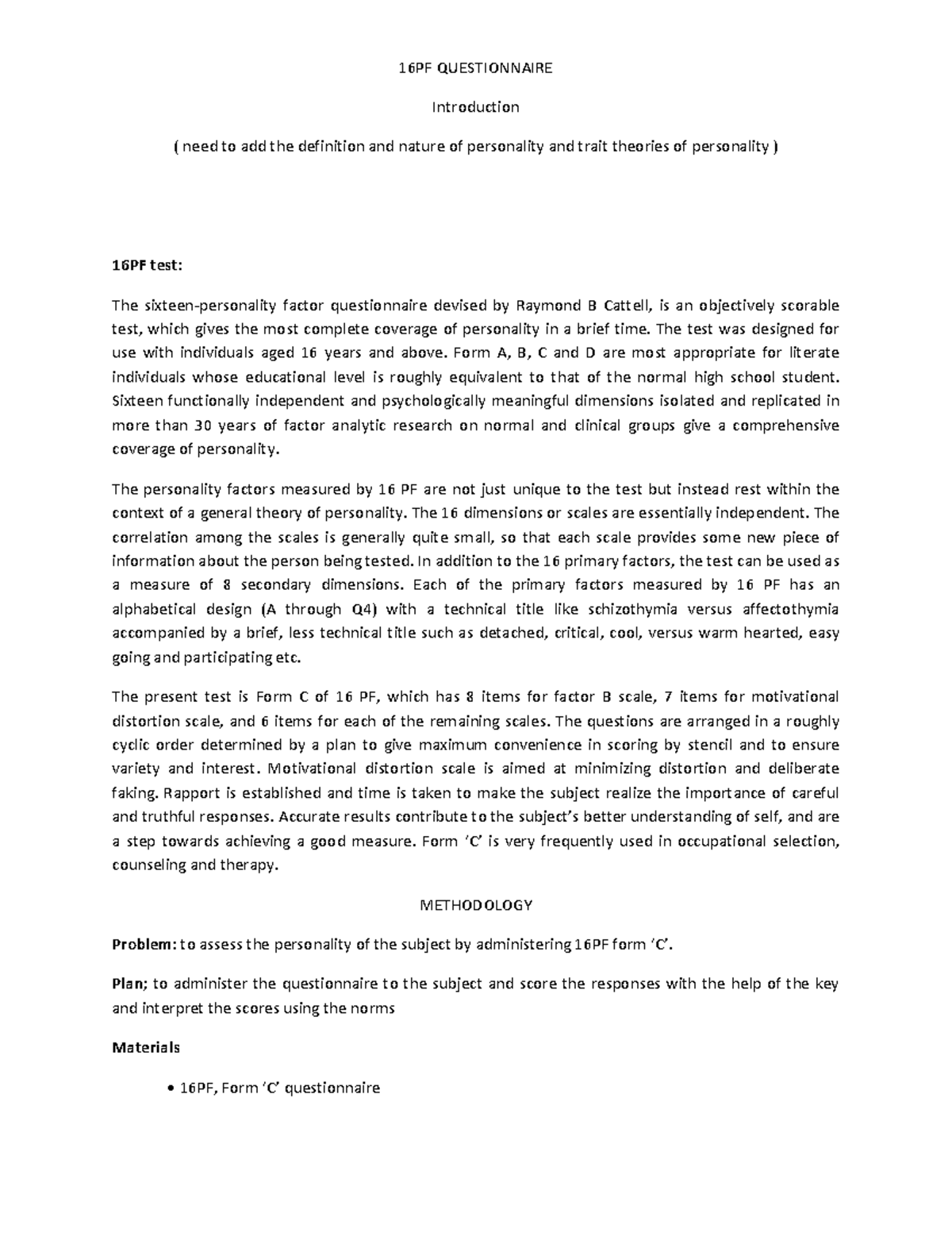 16 pf test methodology - The sixteen-personality factor questionnaire ...