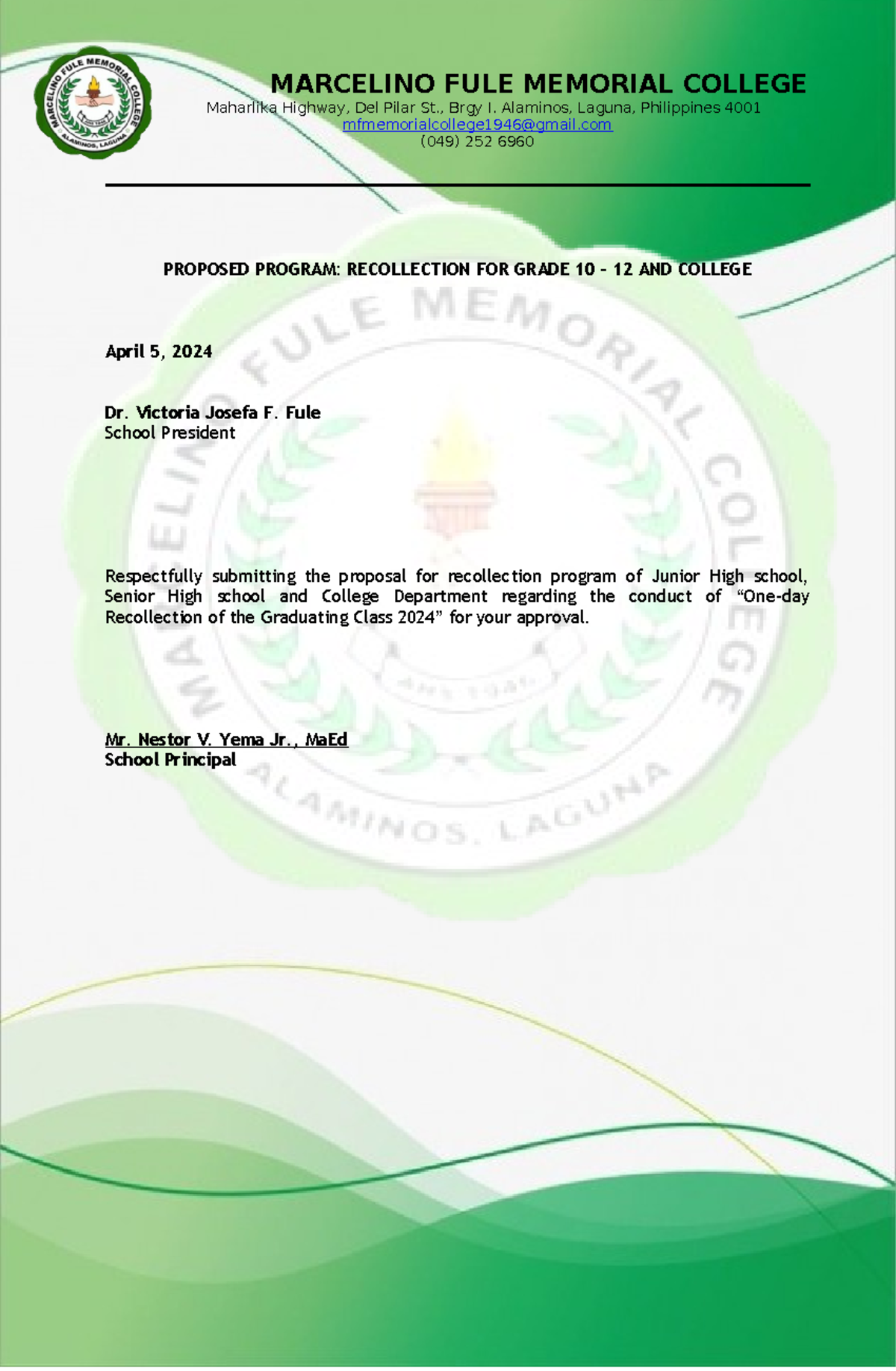 Recollection Proposal - MARCELINO FULE MEMORIAL COLLEGE Maharlika ...