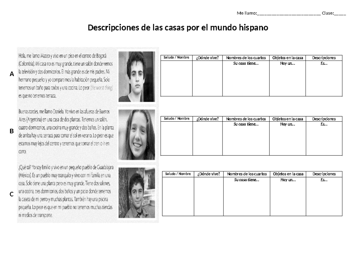 Read - House Descriptions - Me llamo:__________________________ Clase ...
