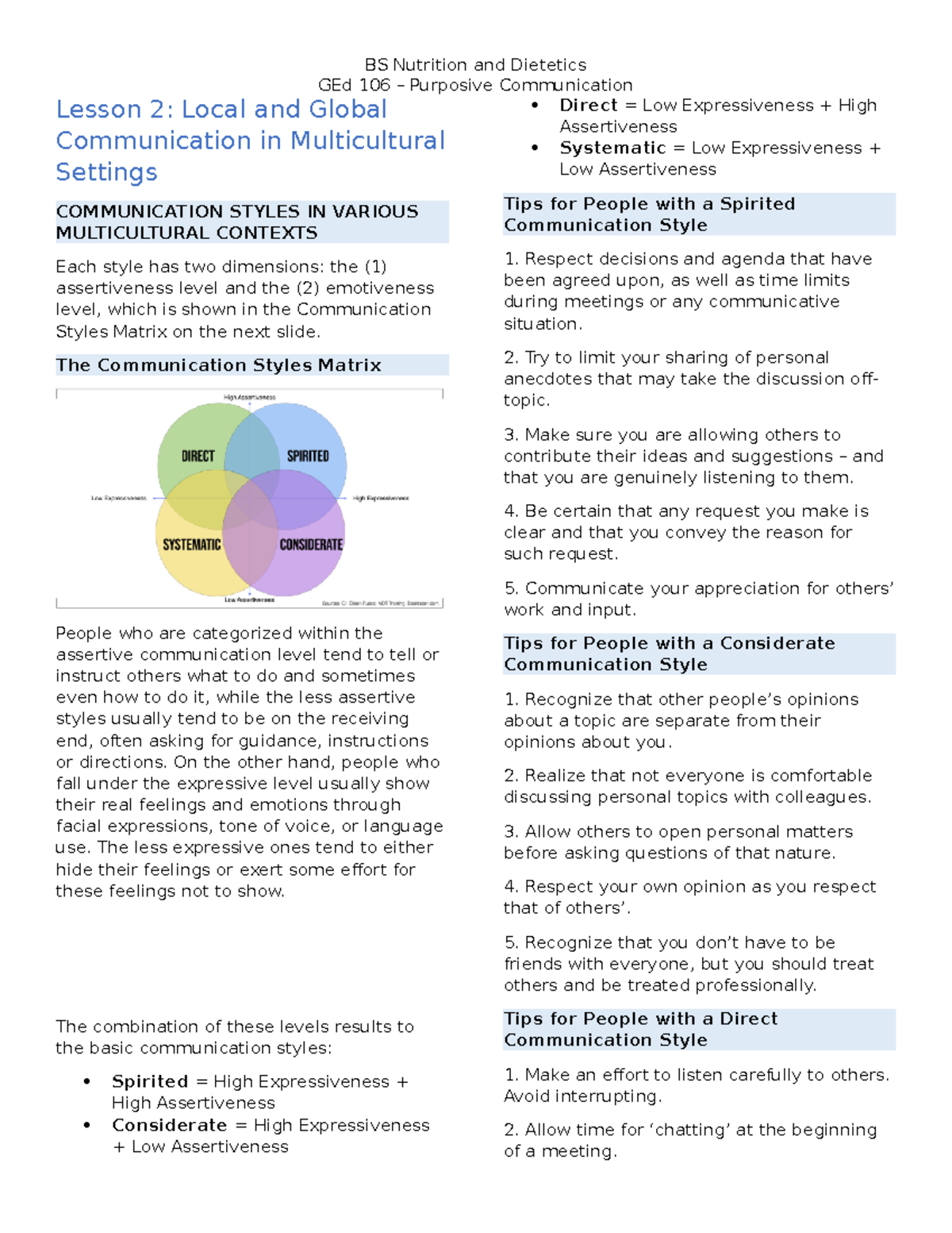 Lesson 2 - fdgsdgfd - BS Nutrition and Dietetics GEd 106 – Purposive ...