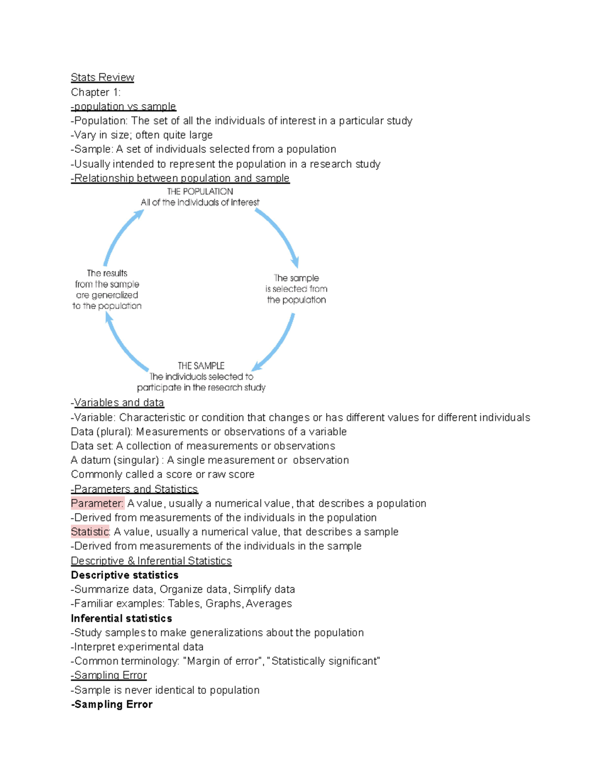 Stats Test 1 Review - Stats Review Chapter 1: -population vs sample ...