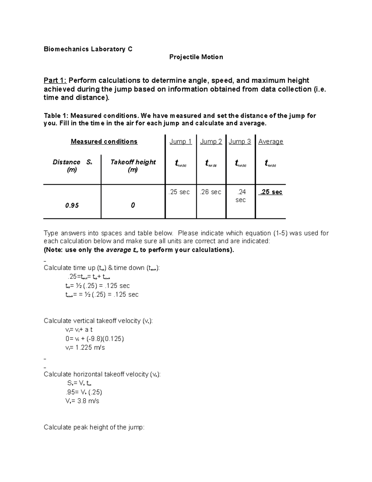 Biomechanics Laboratory C Projectile Motion Physics - Biomechanics ...