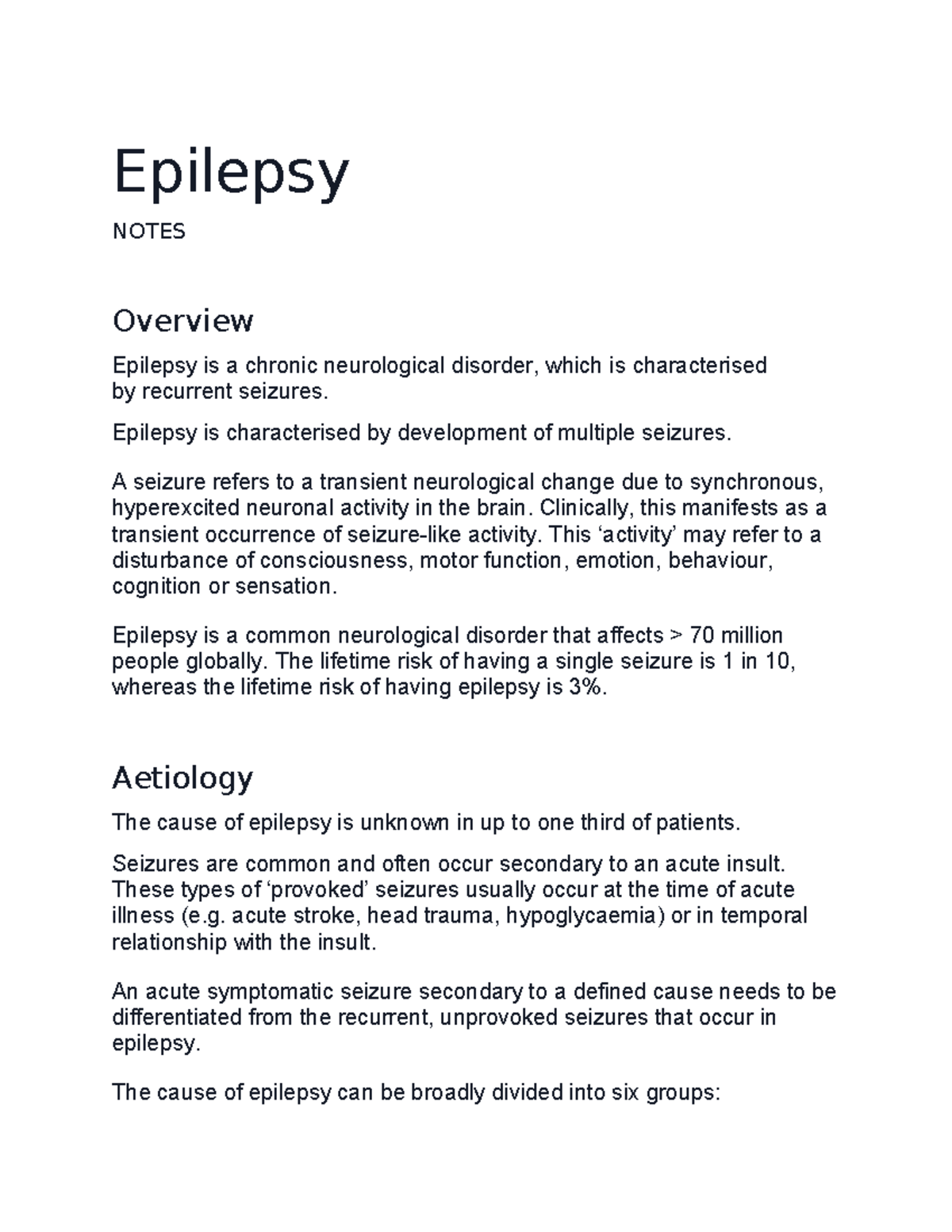 Epilepsy - short notes - Epilepsy NOTES Overview Epilepsy is a chronic ...