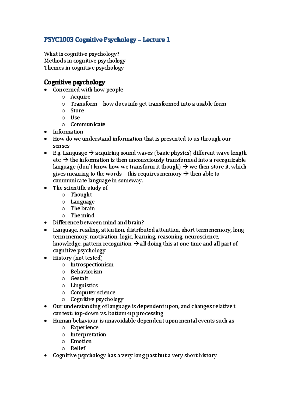 Lecture notes, congnitive lectures - PSYC 1003 Cognitive Psychology ...