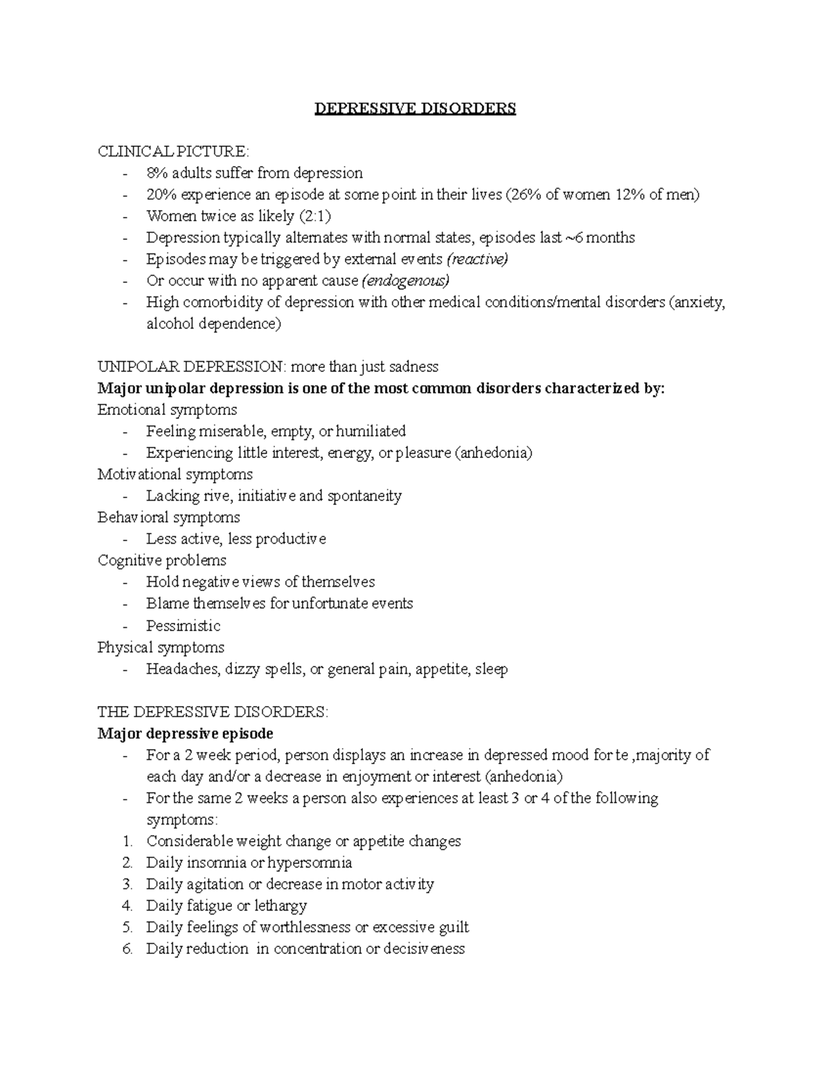 DEPRESSIVE DISODERS NOTES - DEPRESSIVE DISORDERS CLINICAL PICTURE: 8% ...