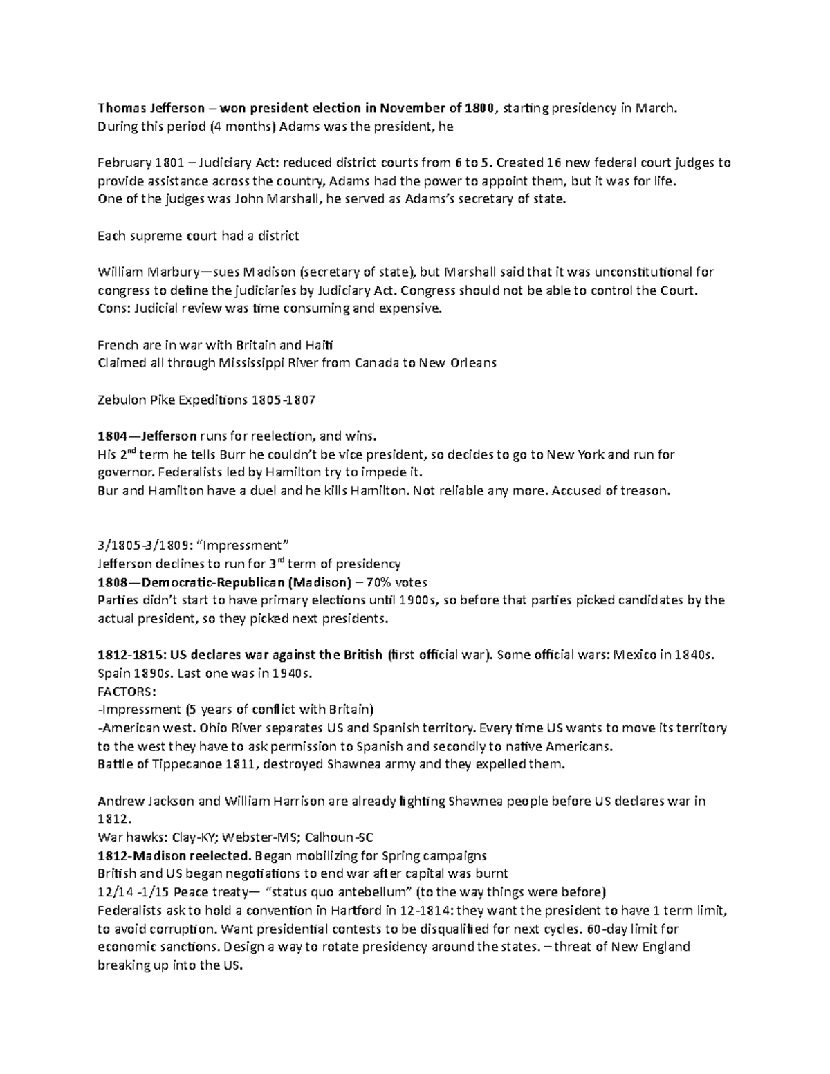 Week 9 - Lecture notes 18-19 - Thomas Jefferson – won president ...