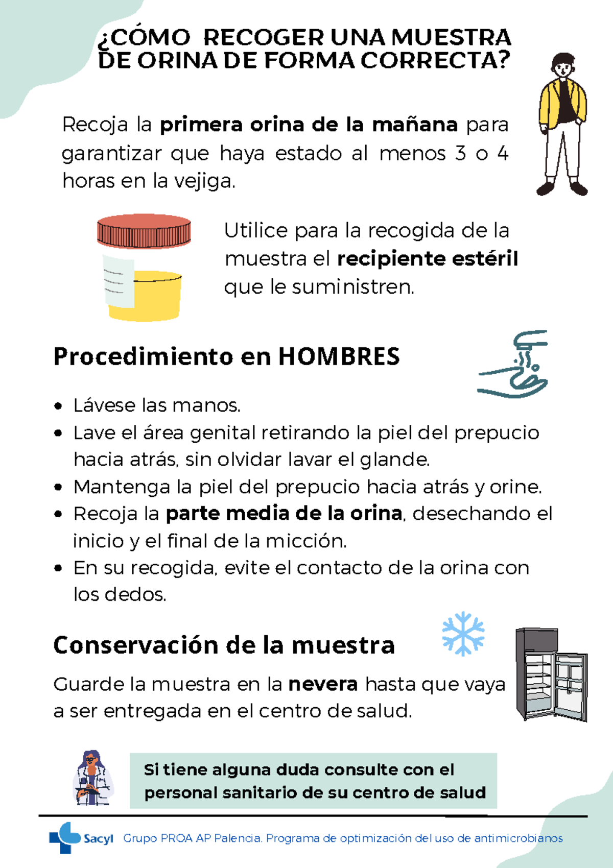 Infografía muestra de orina hombre - Lávese las manos. Lave el área ...