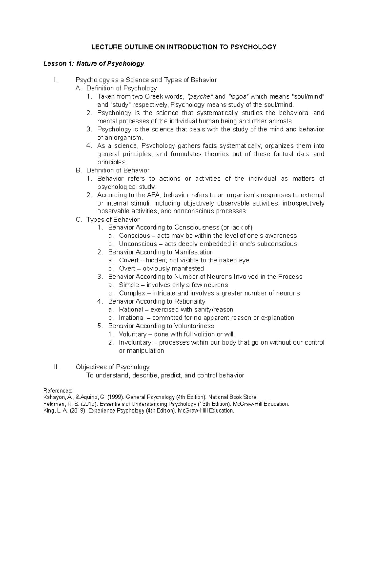 Introduction to Psychology A - LECTURE OUTLINE ON INTRODUCTION TO ...