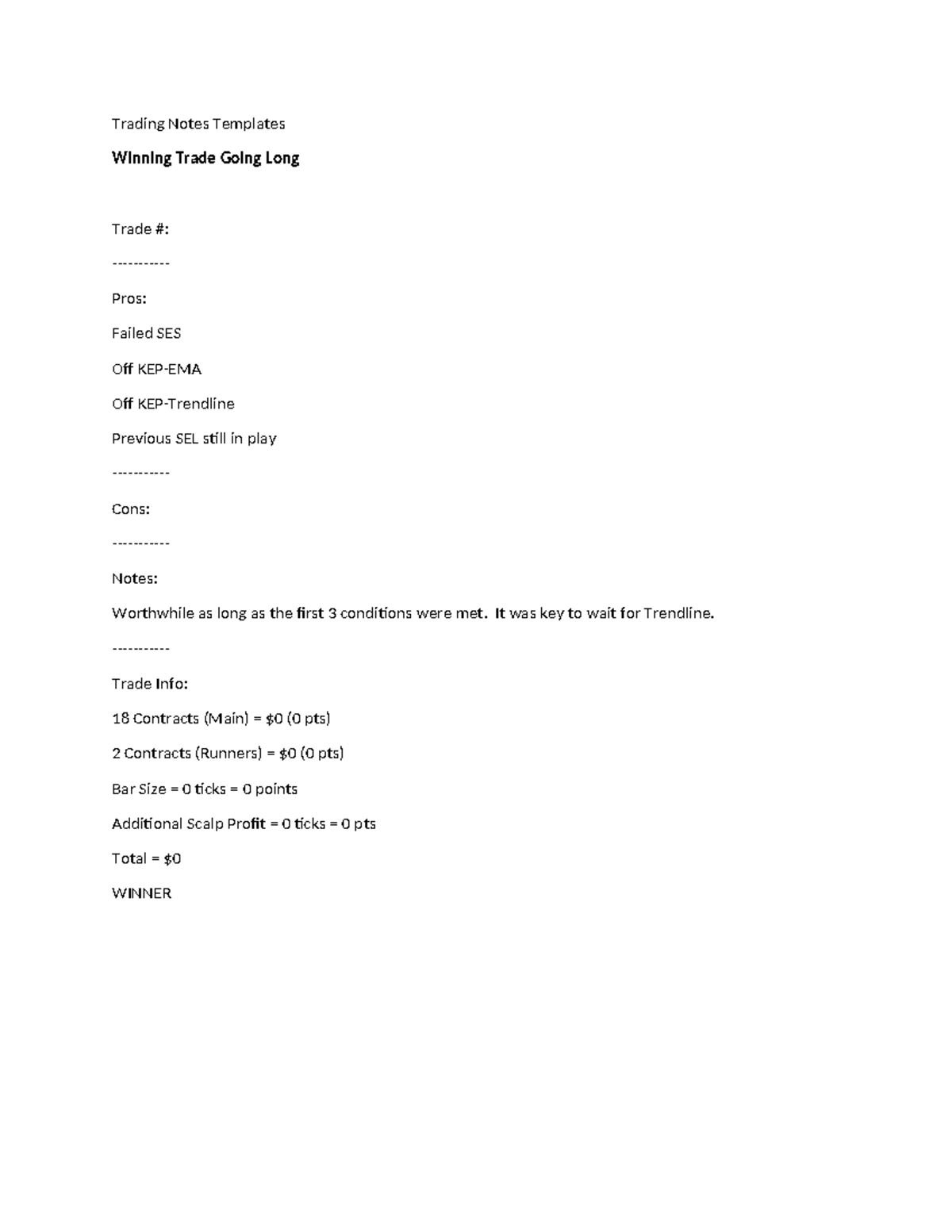 Trading Notes Templates - Trading Notes Templates Winning Trade Going ...