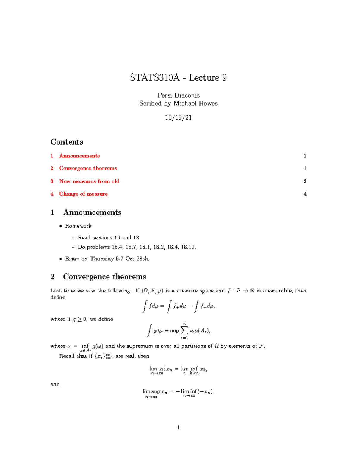STATS 310A Lecture 9 - Theory of Probability - STATS310A - Lecture 9 ...