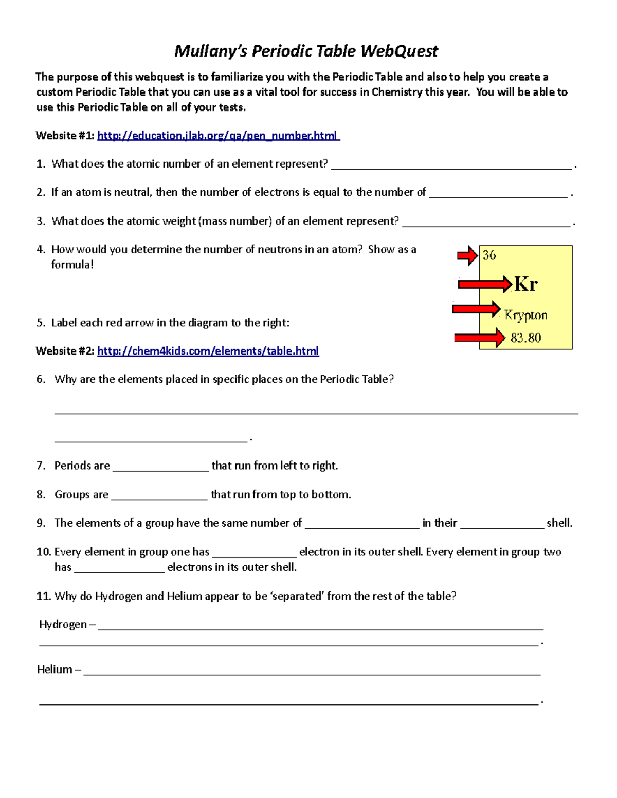 Periodic Table Webquest - Mullany’s Periodic Table WebQuest The purpose ...
