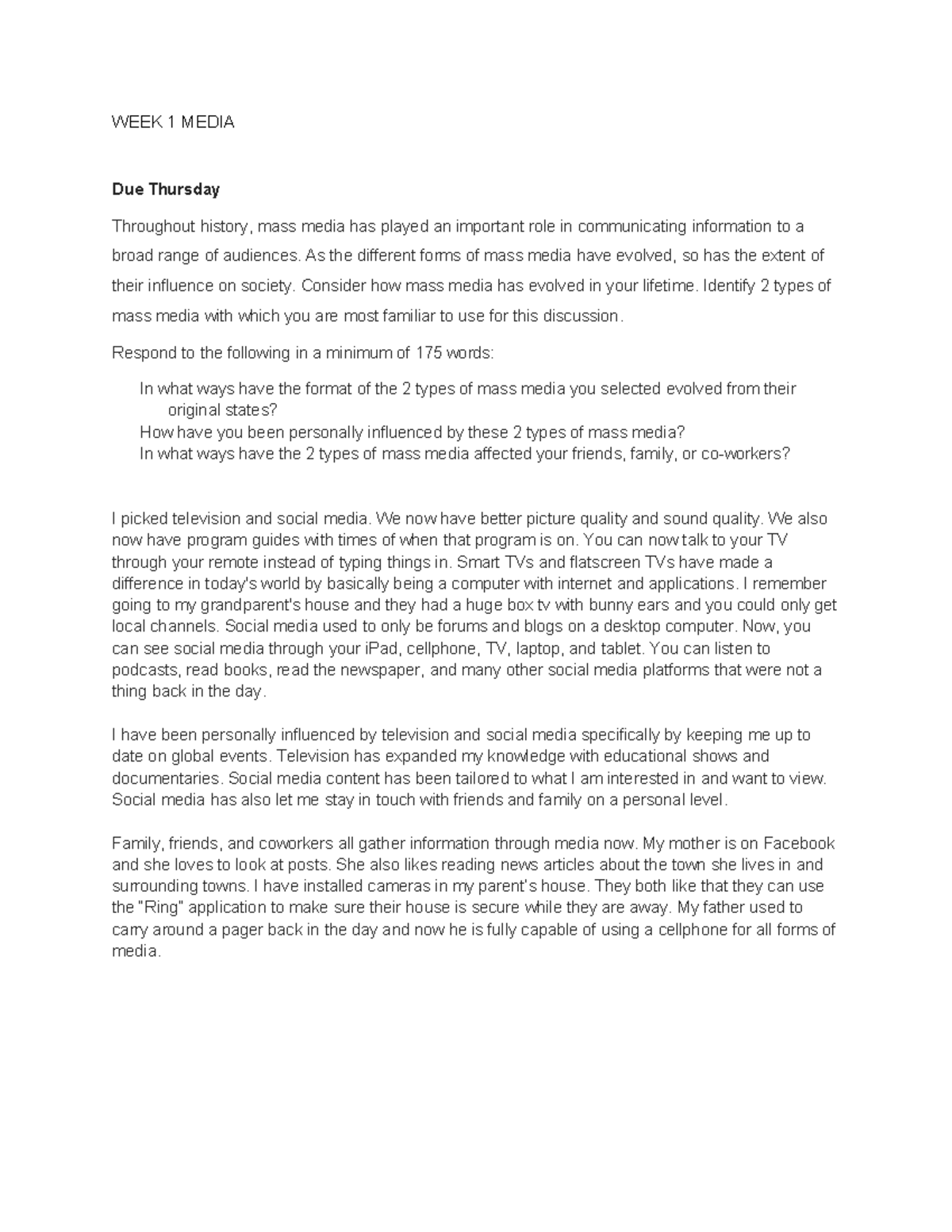 WEEK 1 Media Influences - WEEK 1 MEDIA Due Thursday Throughout history ...