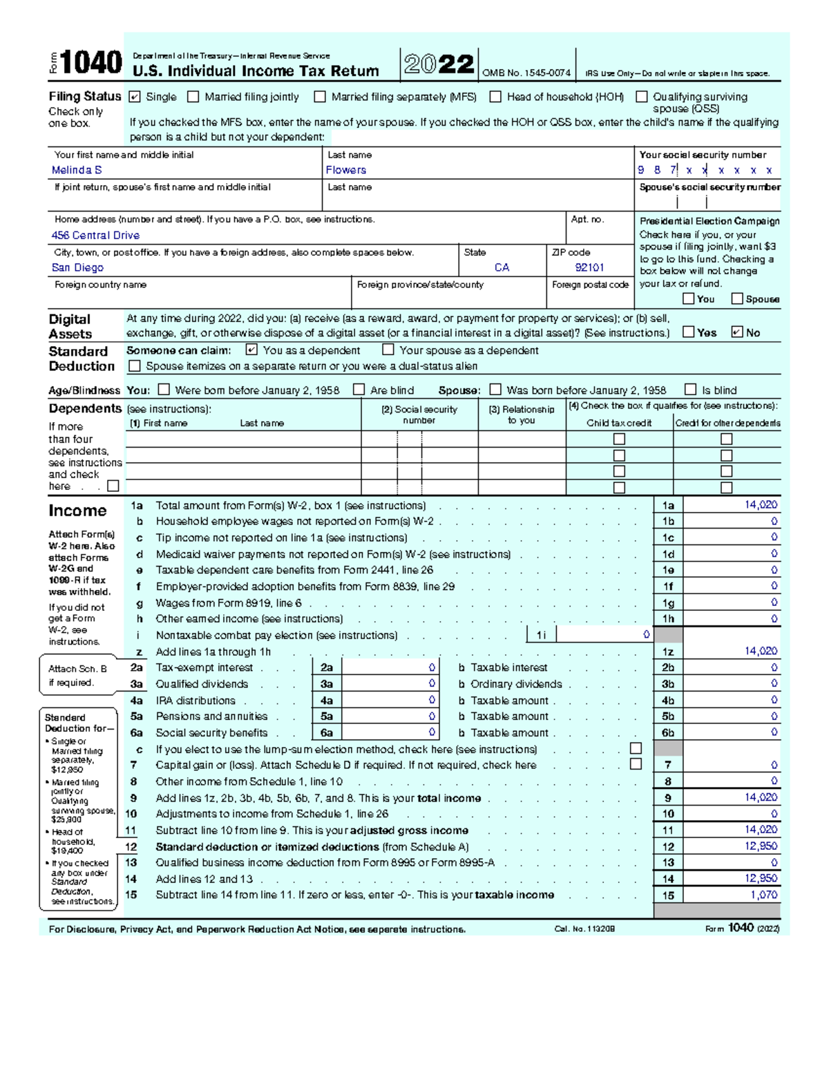 2022 Melinda Flowers 1040 - Form 1040 U. Individual Income Tax Return ...