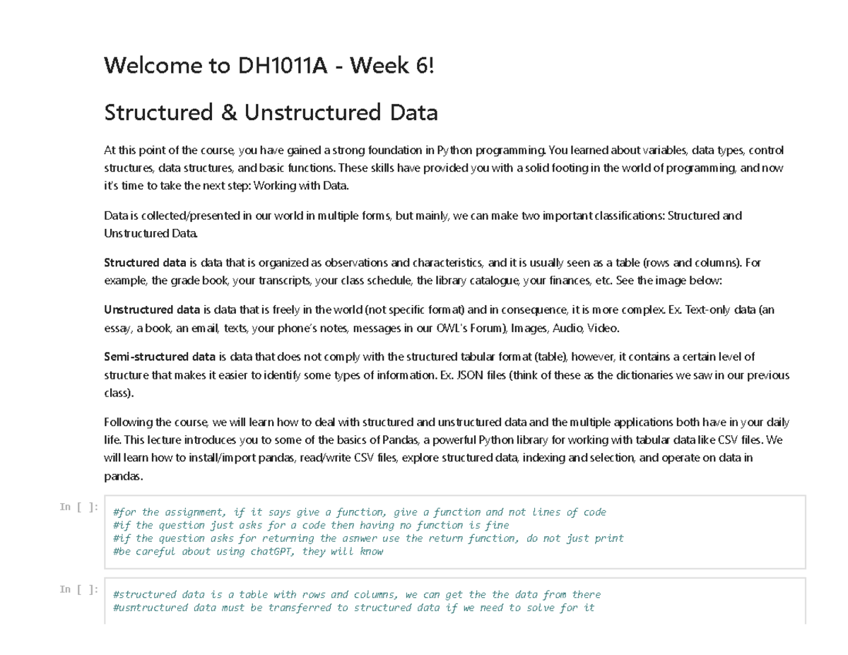 Class 6 1011A - Welcome to DH1011A - Week 6! Structured & Unstructured ...