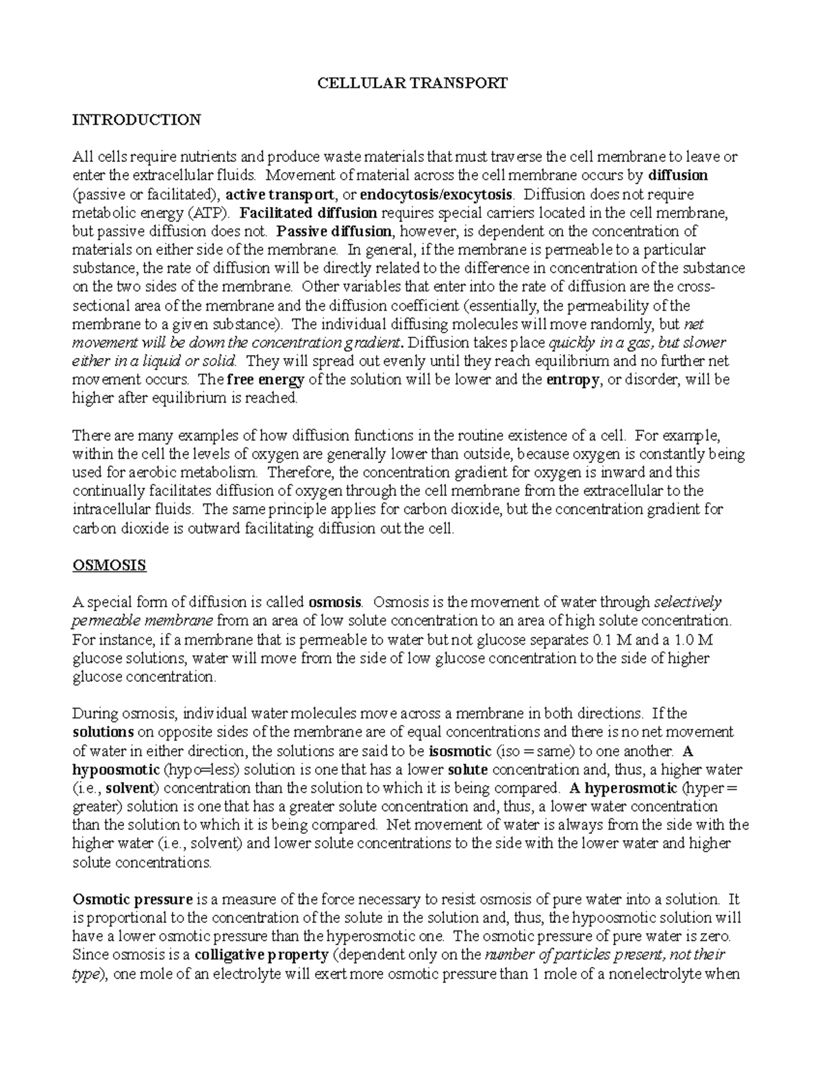 BIOL 251 Lab 1-Cellular Transport - CELLULAR TRANSPORT INTRODUCTION All ...