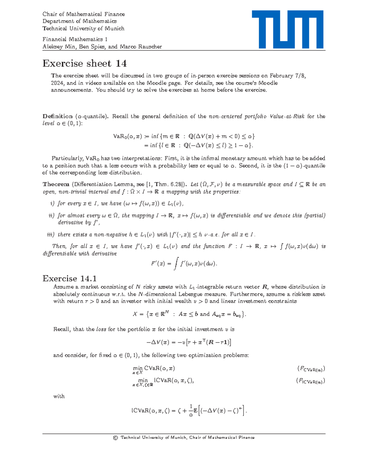 Fi Ma1 Exercise Sheet 14 Solution - Chair of Mathematical Finance ...