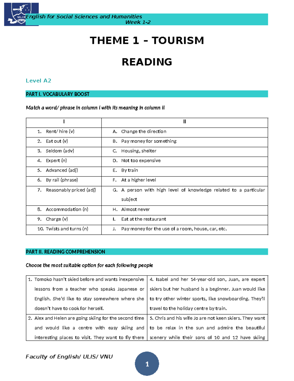 XHNV2 Handout Week 1-2 Tourism Reading - Week 1- THEME 1 – TOURISM ...