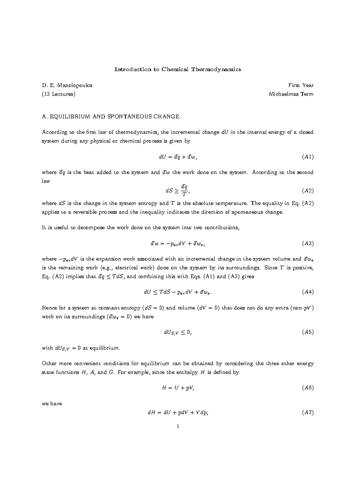 Thermo 2 - Introduction to Chemical Thermodynamics D. E. Manolopoulos ...