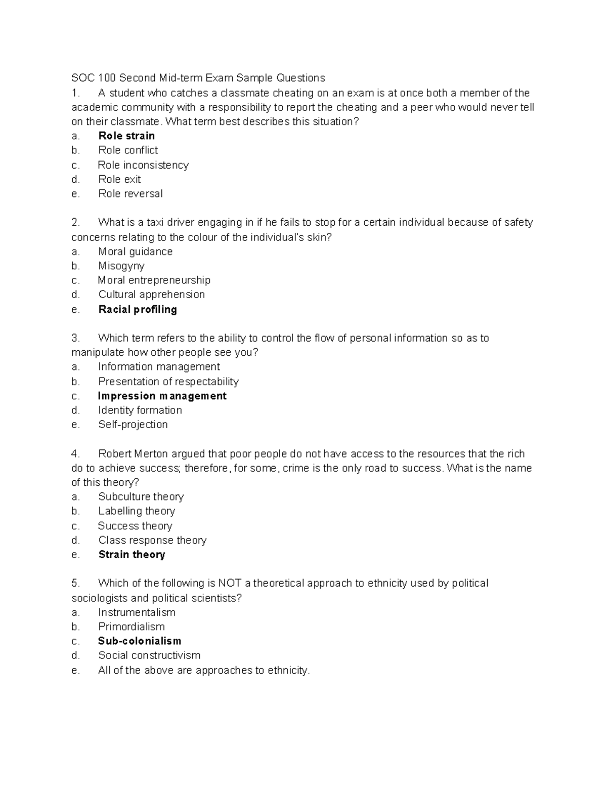 SOC 100 Second Mid-term Exam Sample Questions - Google Docs - SOC 100 ...