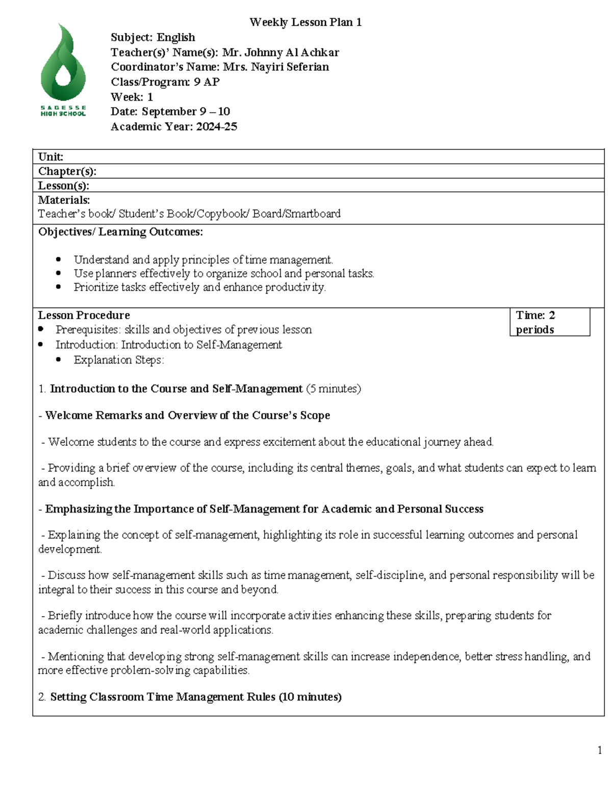 Time Management Plan - info - Weekly Lesson Plan 1 Subject: English ...
