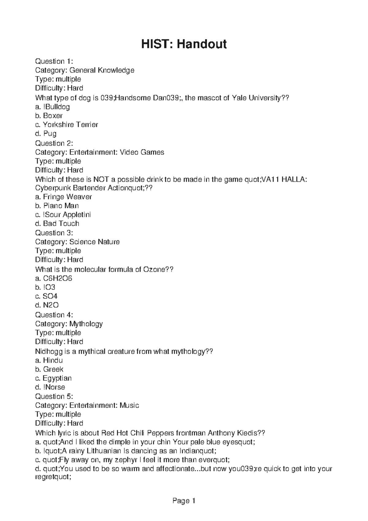 HIST226 Presentation 7 - HIST: Handout Question 1: Category: General ...