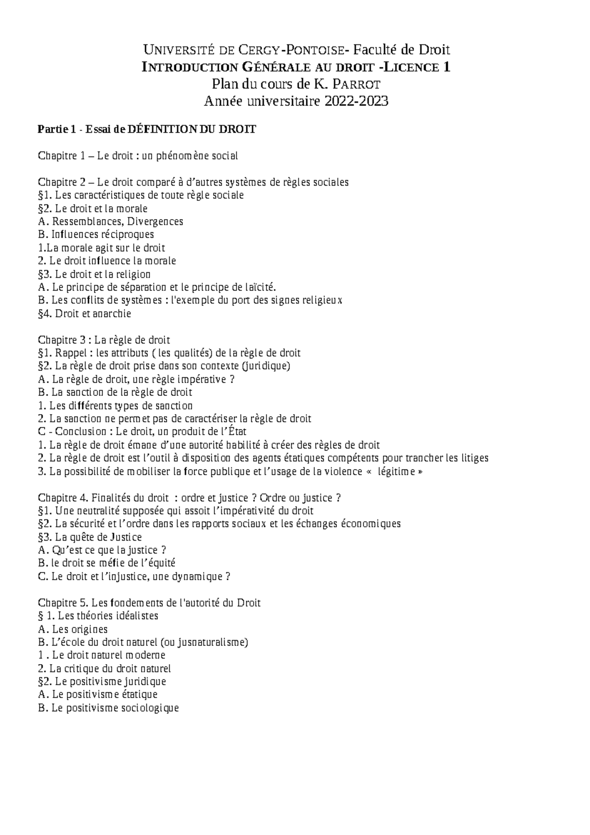 Plan de cours intro au droit 2022-2023 - UNIVERSITÉ DE CERGY-PONTOISE- Faculté de Droit ...
