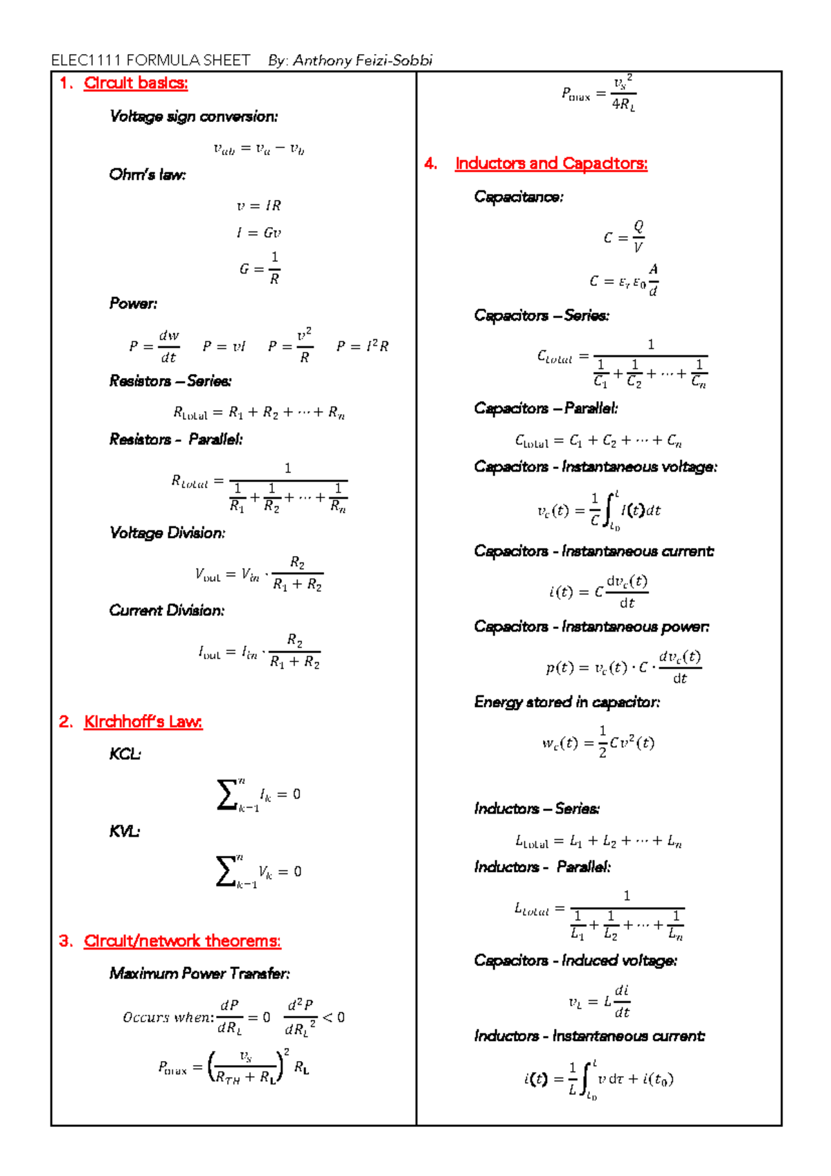 Formula Sheet ELEC1111 Unofficial ELEC1111 FORMULA SHEET By Anthony