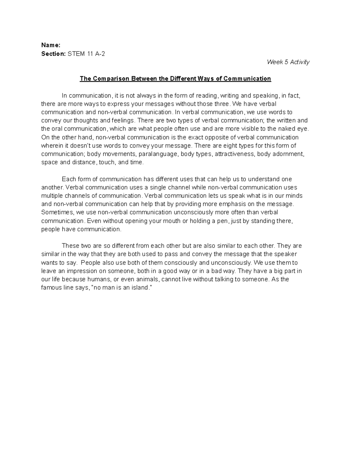 Verbal and Non-Verbal Communication Essay - Name: Section: STEM 11 A ...