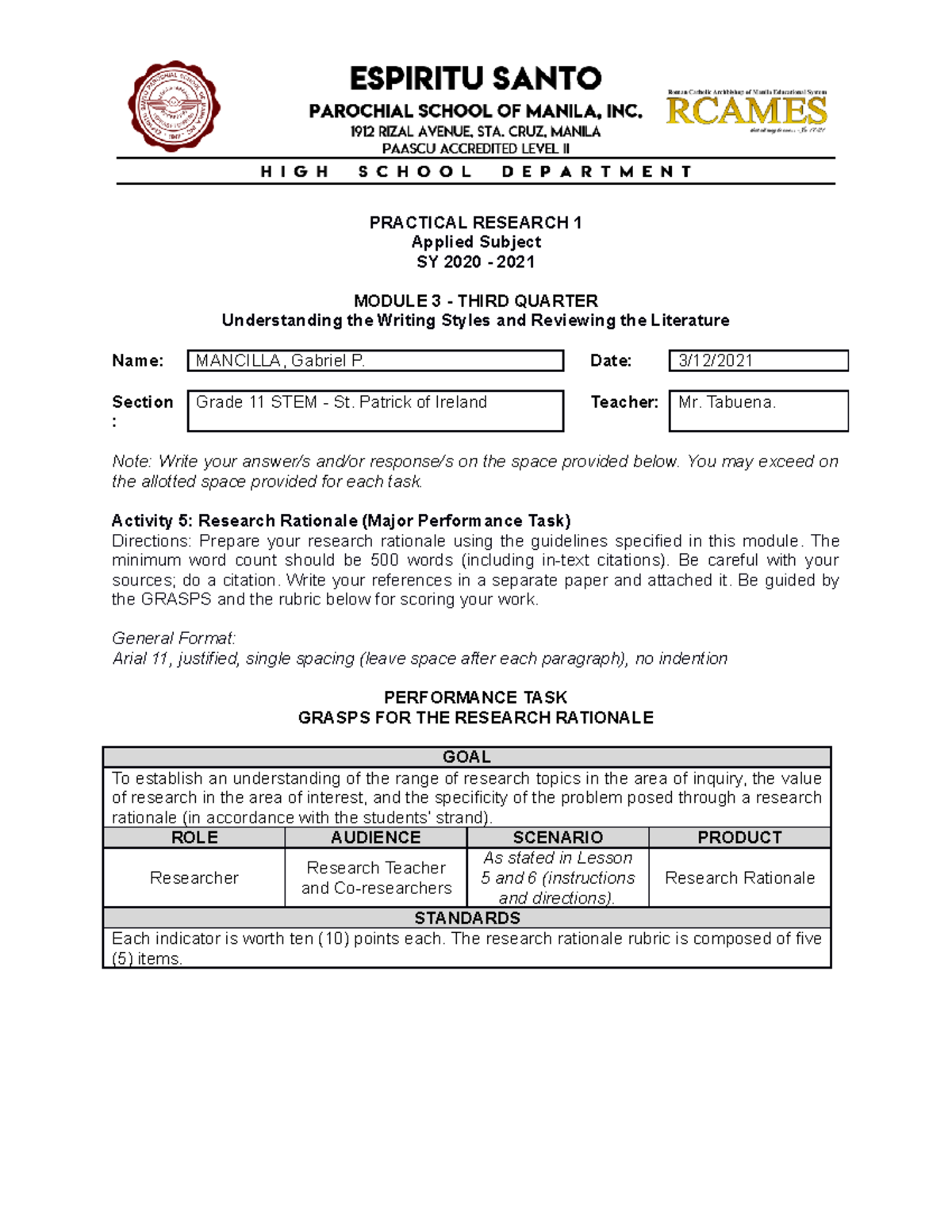 Module 3 - Performance Task - Applied Subject SY 2020 - 2021 MODULE 3 ...