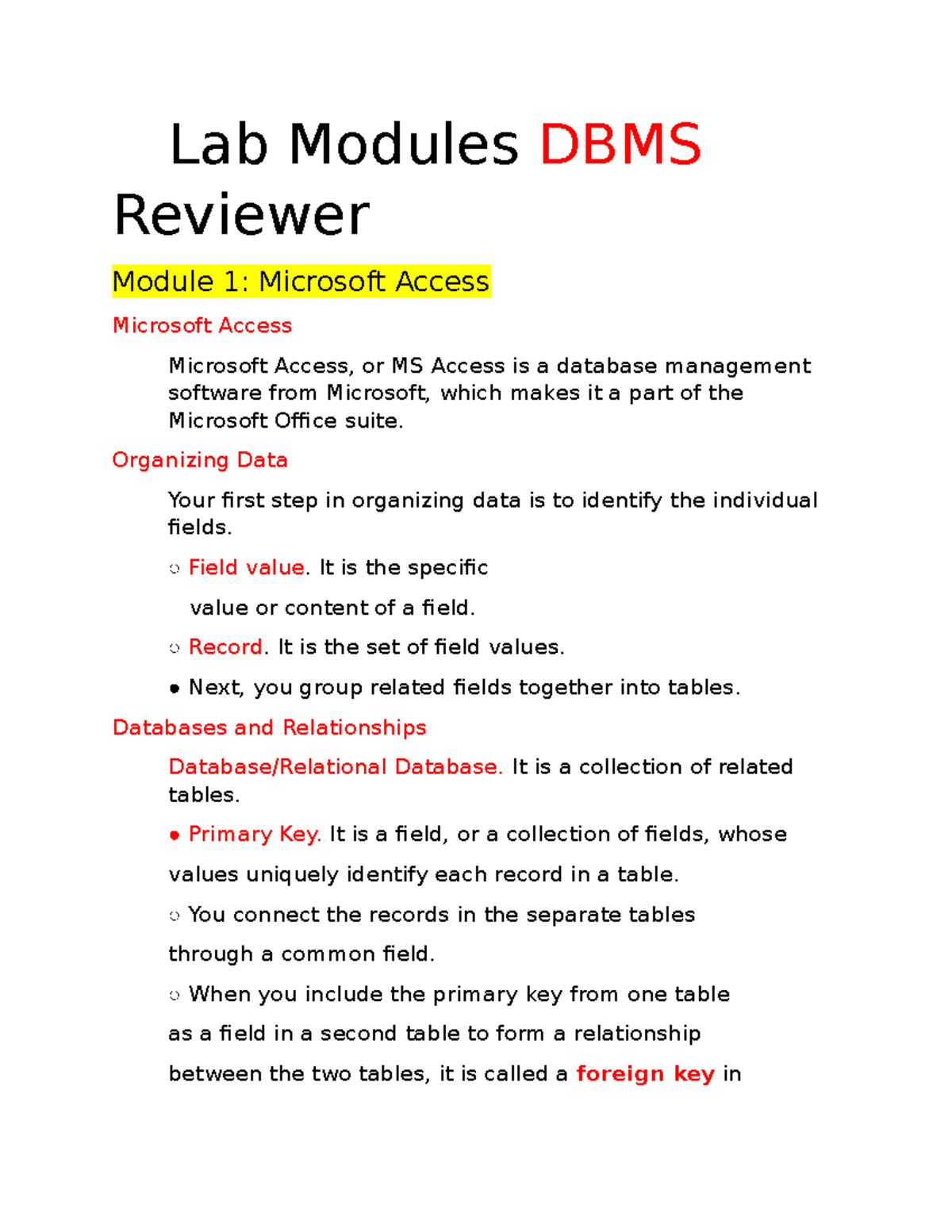 DBMS Reviewer - asfasfafa - Lab Modules DBMS Reviewer Module 1: Microsoft Access Microsoft ...