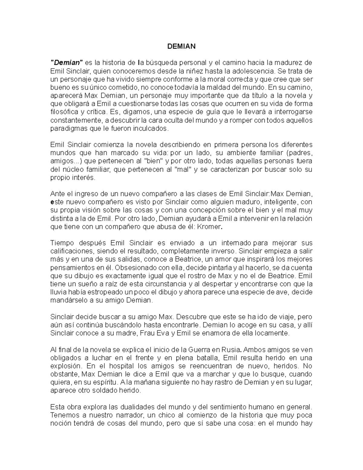 Reseña - Resumen Taller de lectura y redacción - DEMIAN "Demian" es la ...