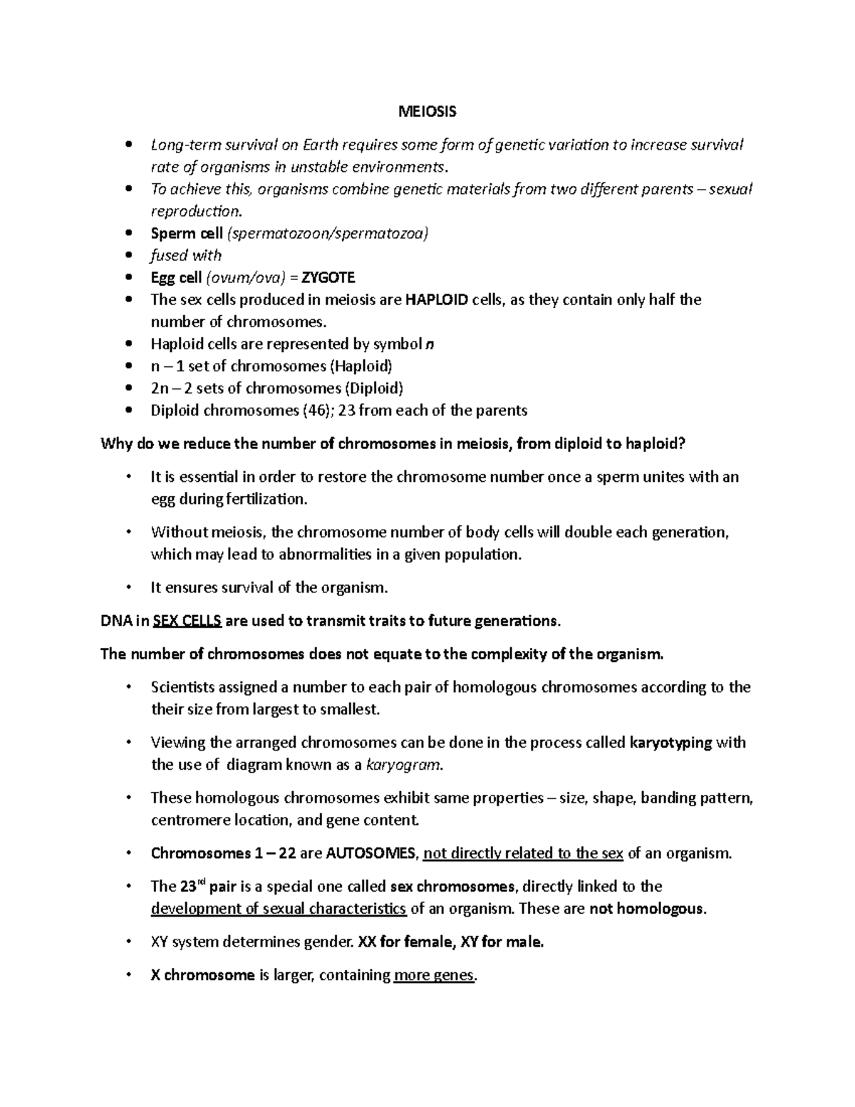 Meiosis - Lecture notes 1-2 - MEIOSIS Long-term survival on Earth ...