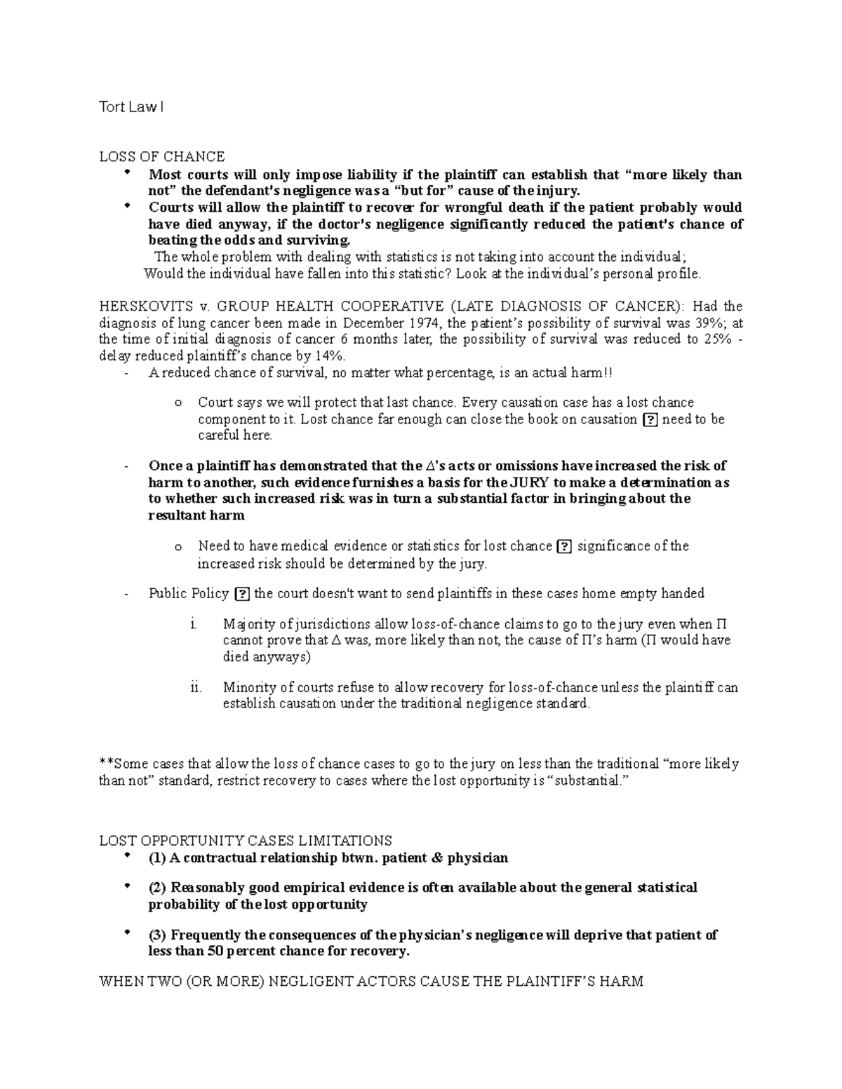 LOSS OF Chance - Lecture notes 4 - Tort Law I LOSS OF CHANCE Most ...