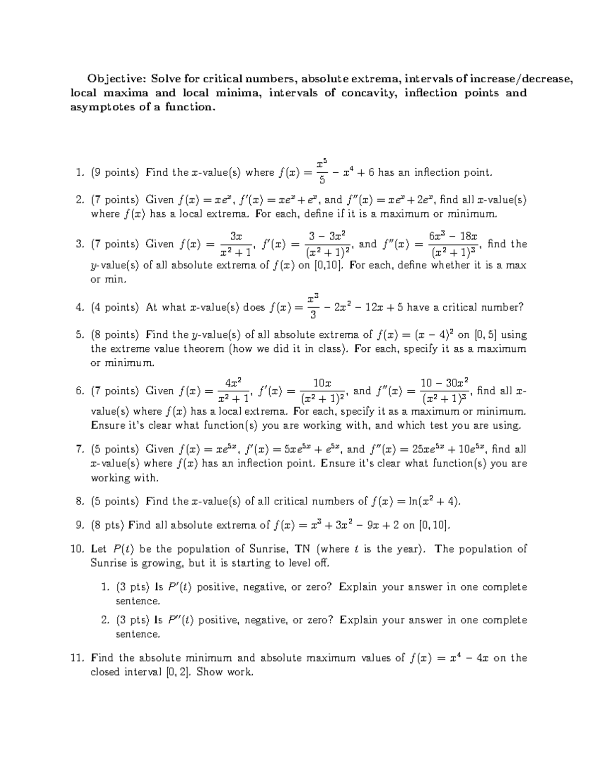 4.1- Maximum and Minimum Values PS - Objective: Solve for critical ...