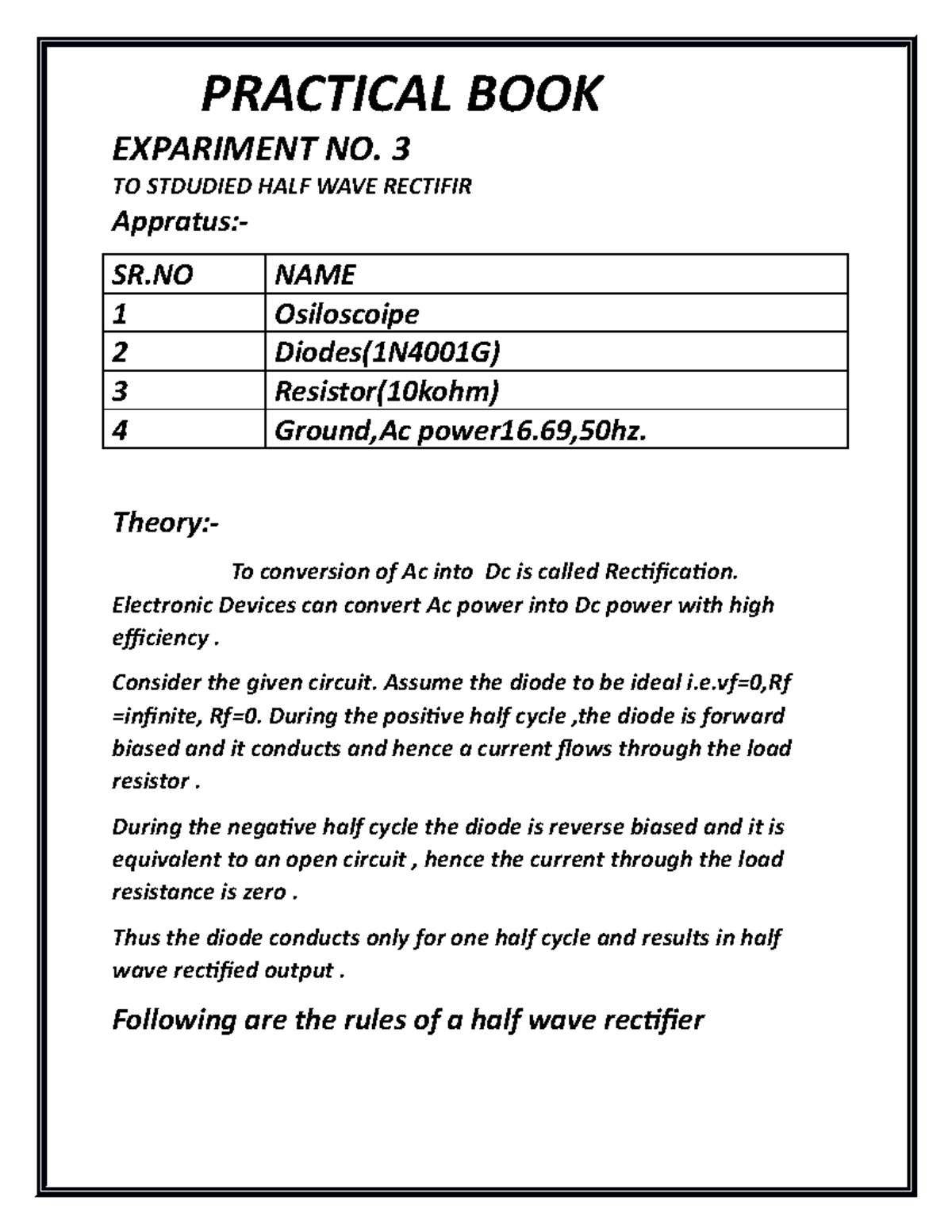 5 Half Wave Rectifier - Diodes - PRACTICAL BOOK EXPARIMENT NO. 3 TO ...