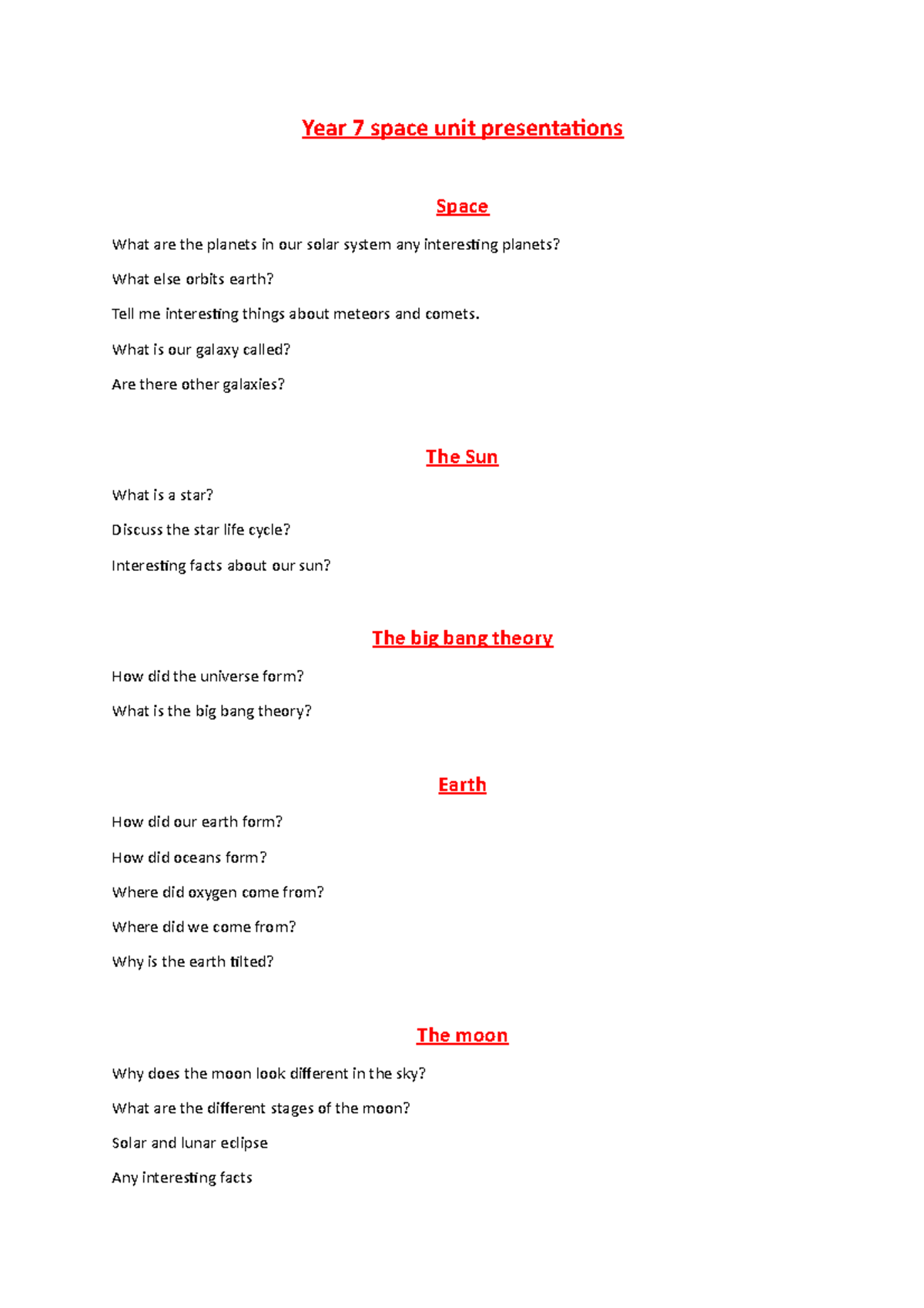 Year 7 space unit presentations - BLAW 2001 - Studocu