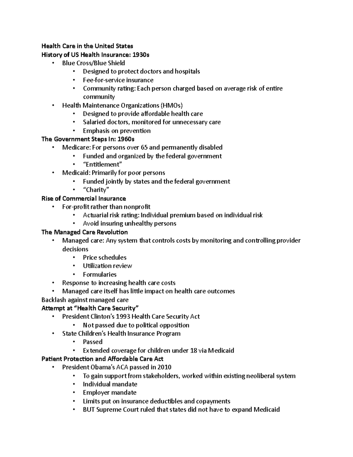 Chapter 8 - notes - Health Care in the United States History of US ...