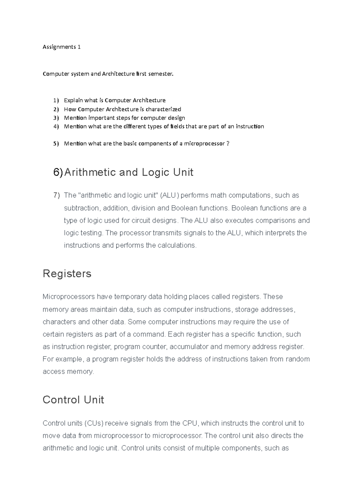 Assignments 1 computer Arch - Assignments 1 Computer system and Architecture first semester ...