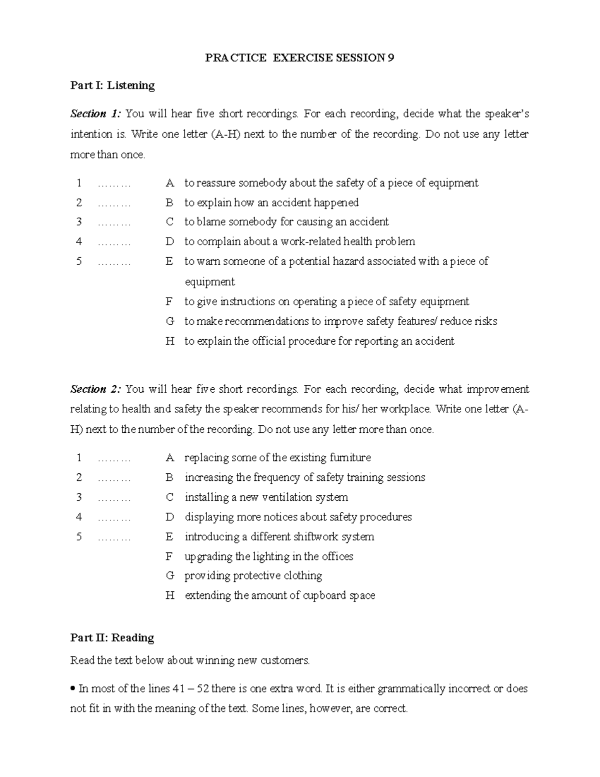 Practice Exercise Session 9 - PRACTICE EXERCISE SESSION 9 Part I: Listening Section 1: You will ...