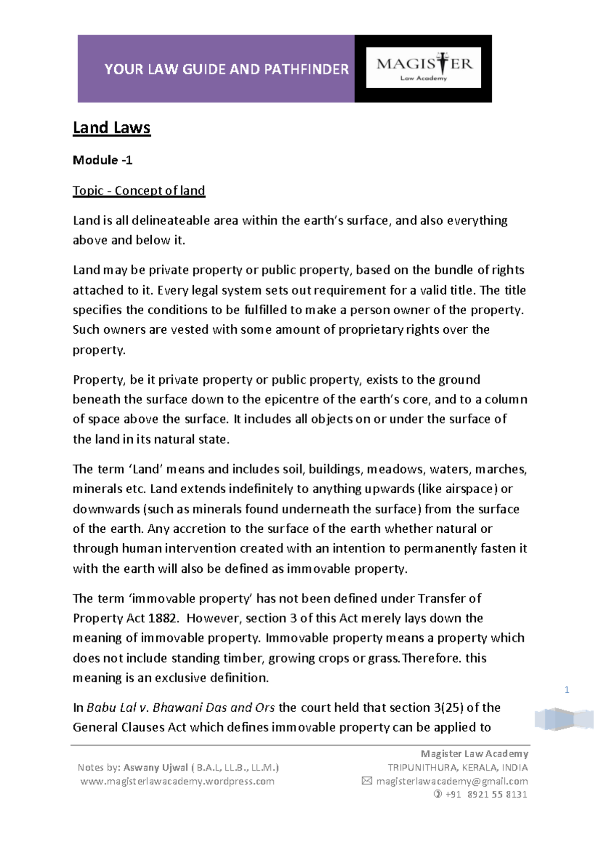 Land Laws - module 1 - Legalnotes - Magister Law Academy Notes by ...