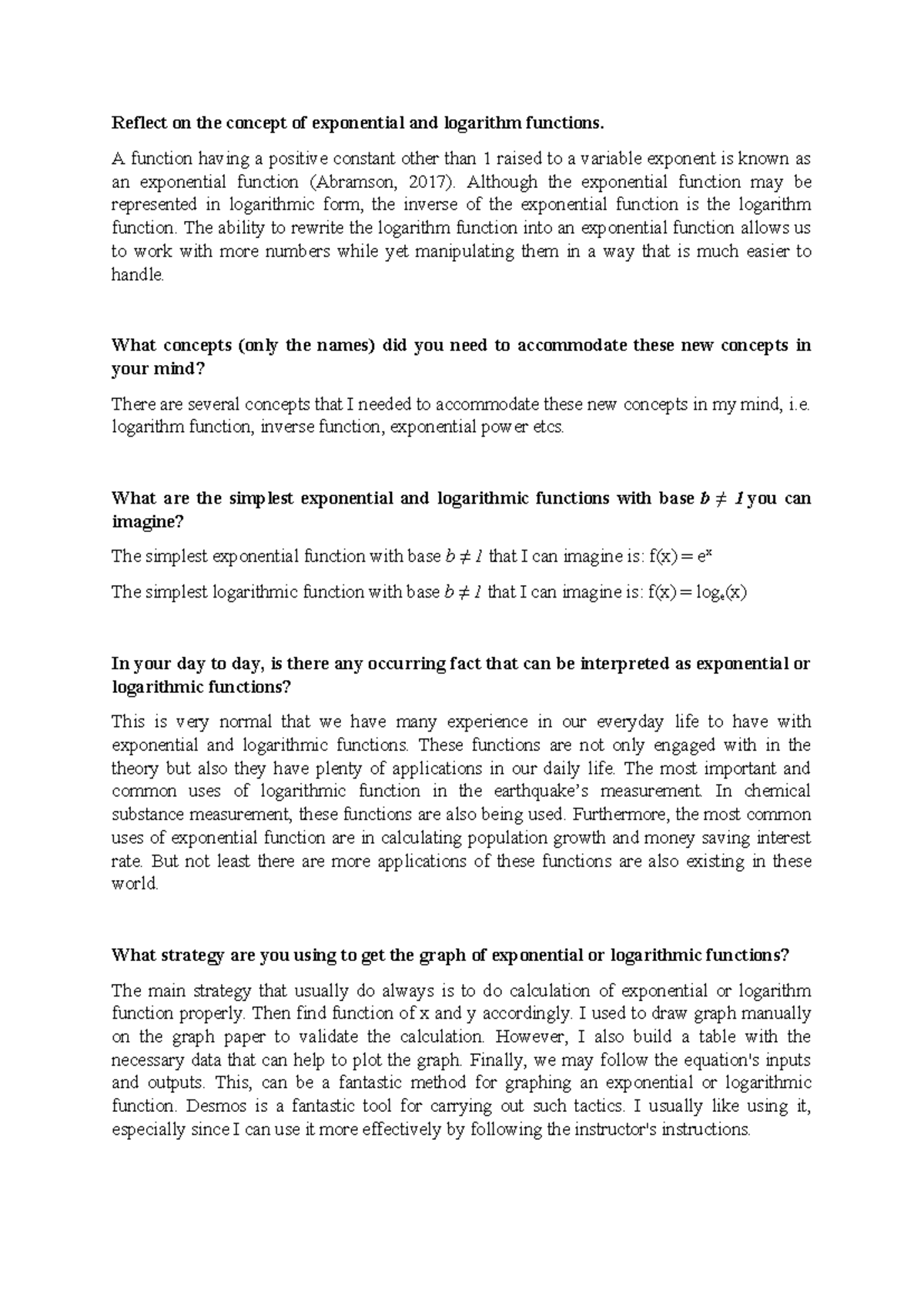 Learning Journal Unit5 - Reflect on the concept of exponential and logarithm functions. A ...